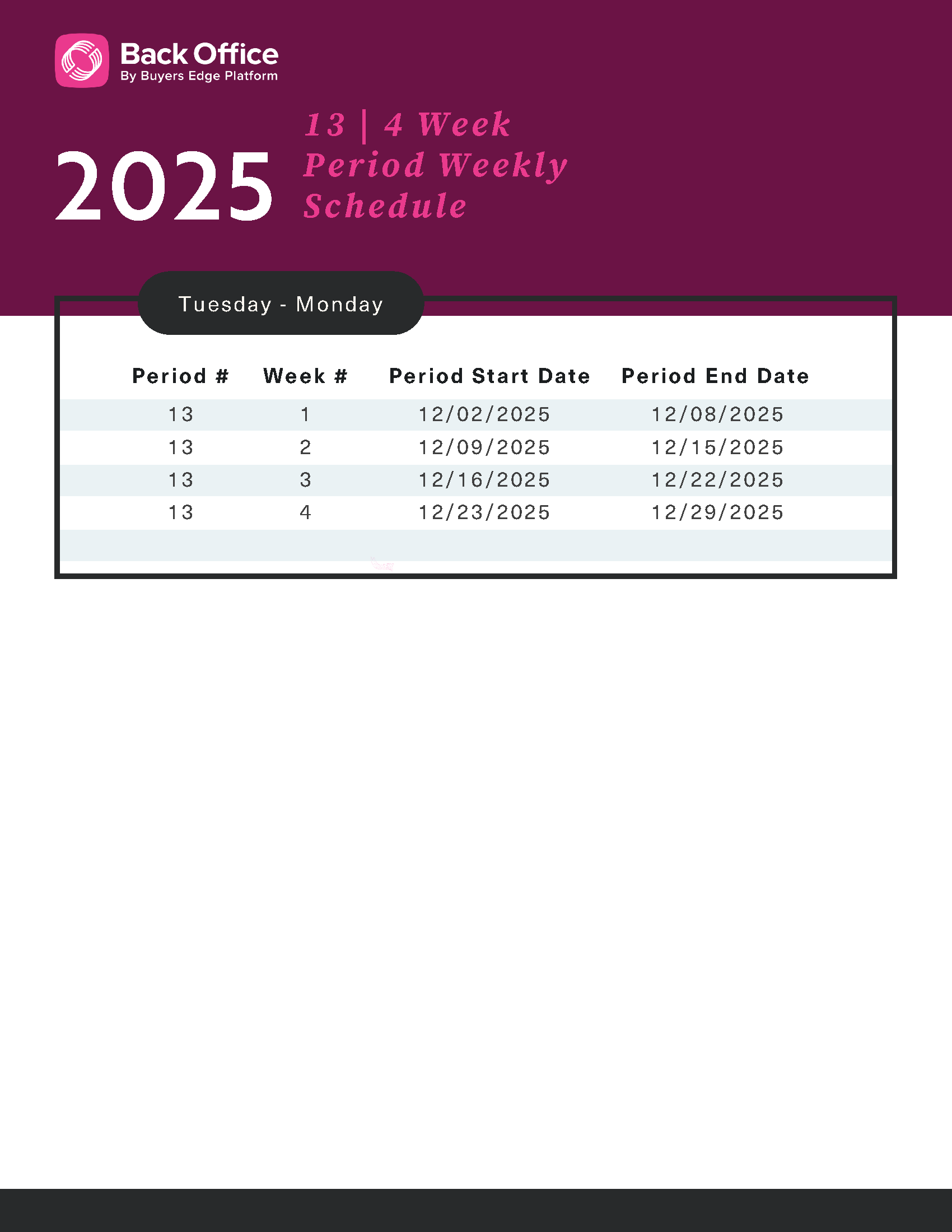 2025 Tuesday - Monday Period and Weekly Fiscal Calendars – Back Office