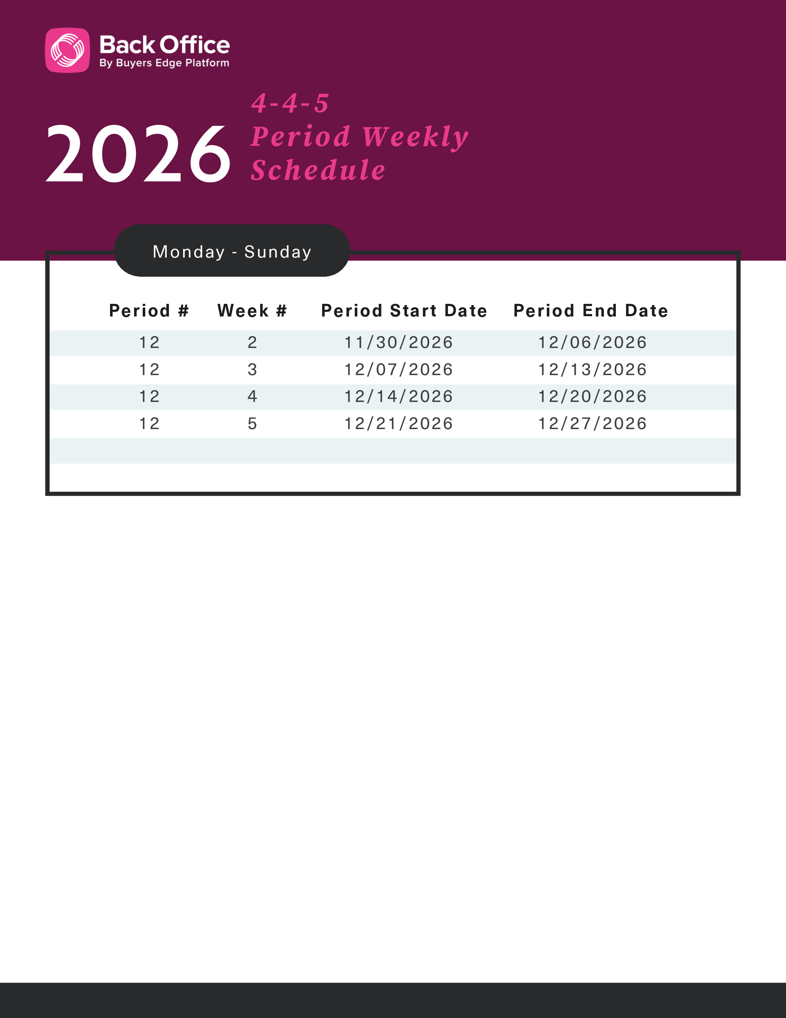 2026 Monday - Sunday 445 Period and Weekly Fiscal Calendars – Back Office