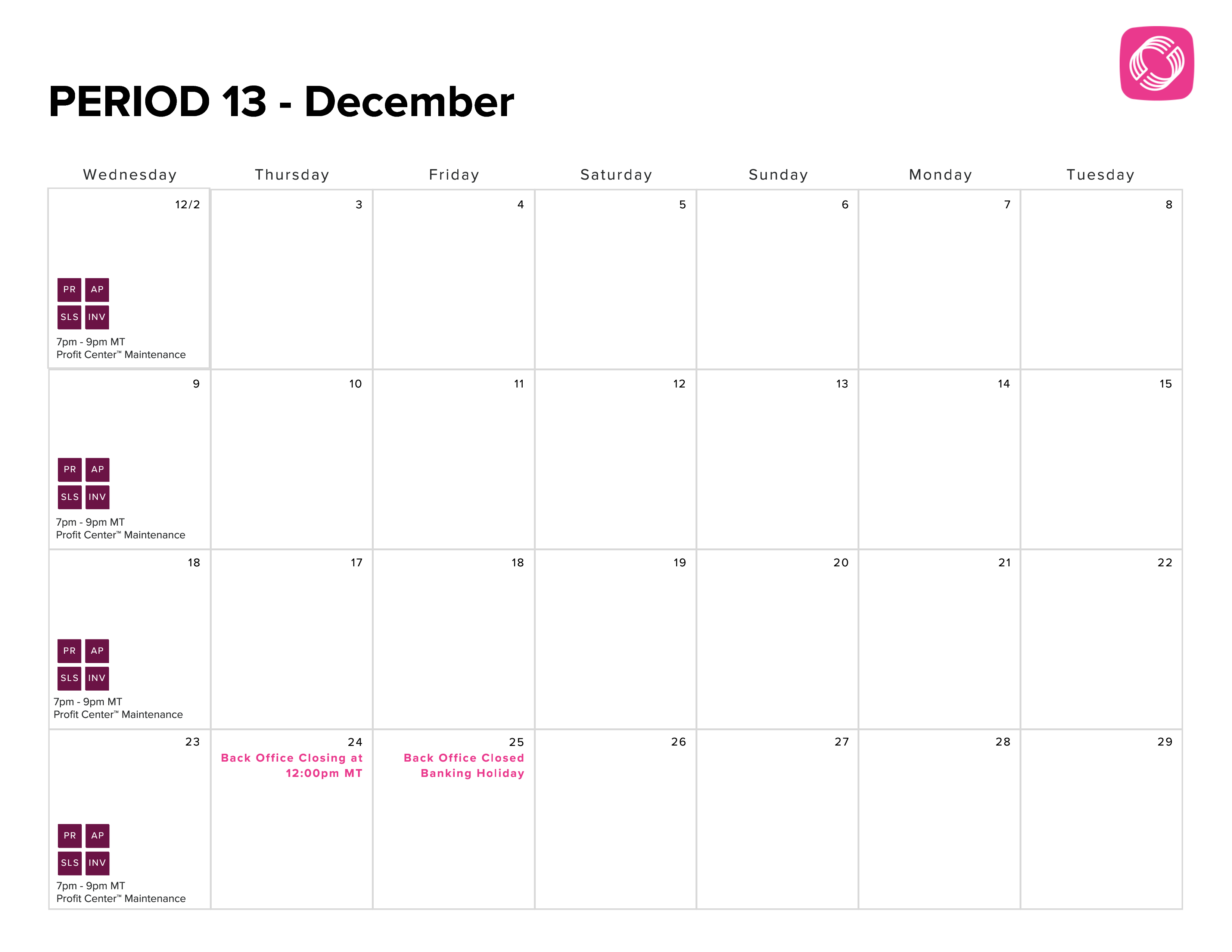 2026 Wednesday - Tuesday 13 period Digital Calendar – Back Office